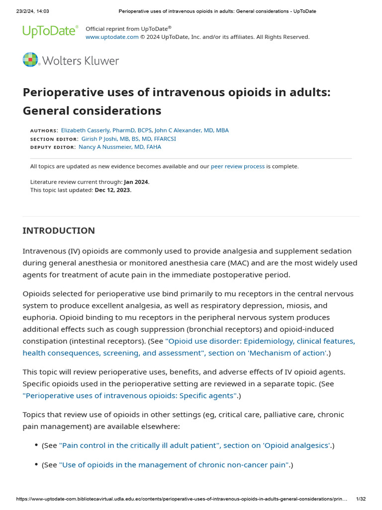 Perioperative Uses of Intravenous Opioids in Adults - General ...