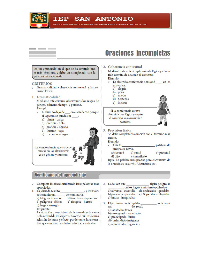 Oraciones Incompletas 2 y 3 Sec Razonamiento Verbal | PDF