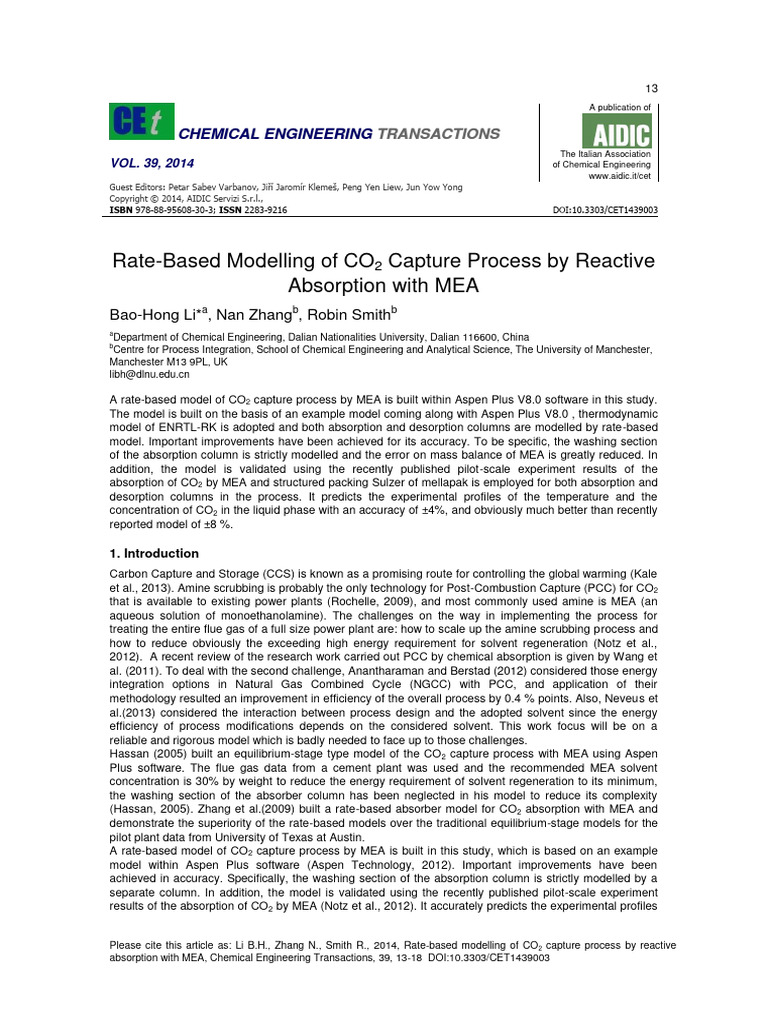 Rate-Based Modelling of CO Capture Process by Reactive Absorption With ...