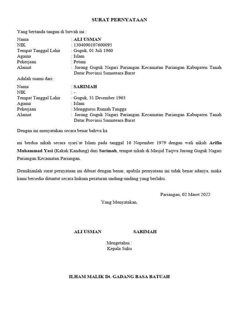 Surat Pernyataan Catin | PDF