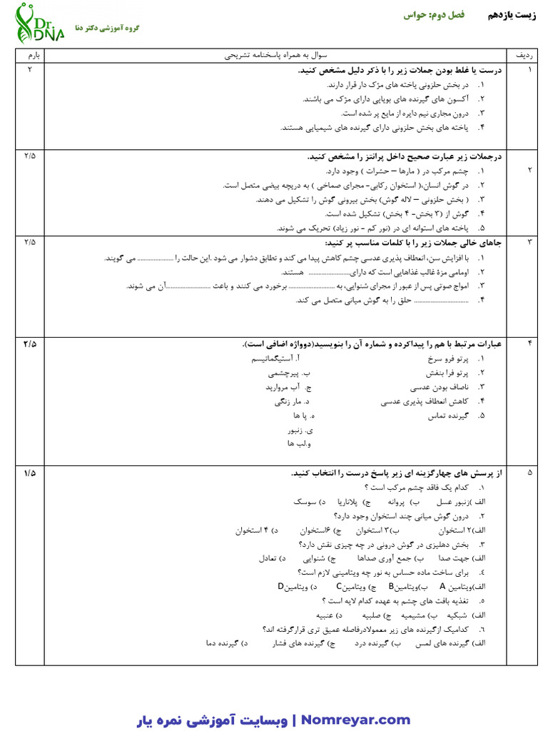 Soalemtehani Zist 11 Fasl2 3 Nomreyar | PDF