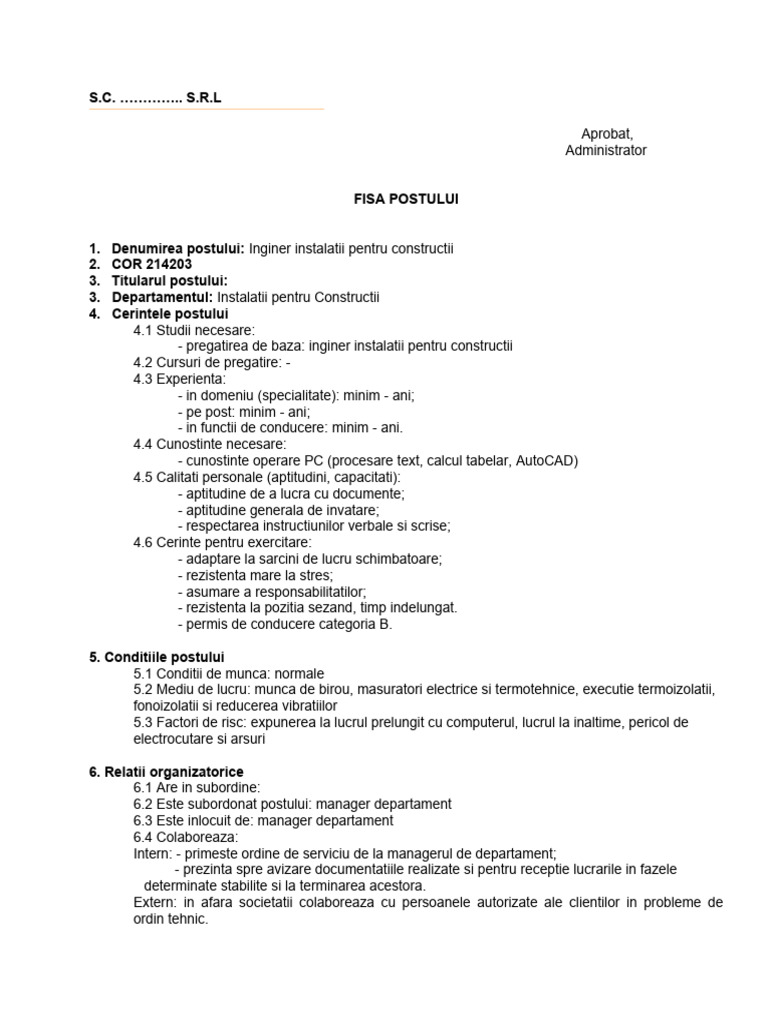 Fisa Postului Inginer de Instalatii - Exemplu | PDF