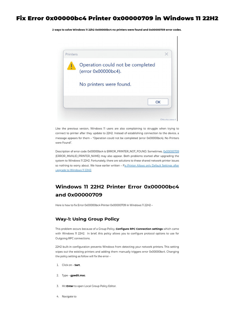 Fix Windows 11 Printer Errors 0x00000bc4 0x00000709 | PDF | Windows Registry | Microsoft Windows