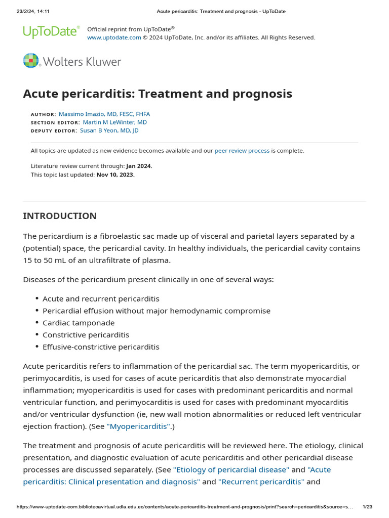 Acute Pericarditis - Treatment and Prognosis - UpToDate | PDF | Aspirin ...