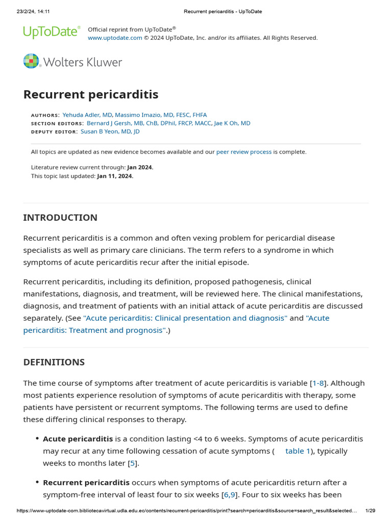 Recurrent Pericarditis - UpToDate | PDF | Medical Diagnosis | Health Care