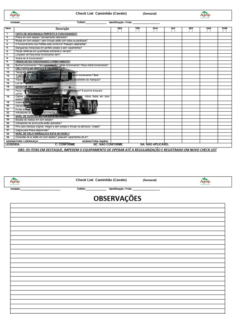 Check List Caminhão (Cavalo) | Download grátis PDF | Veículos