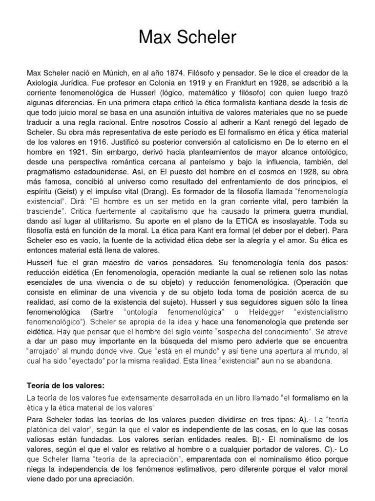 Valores según Max Scheler: Teoría y Ética | PDF | Existencialismo ...