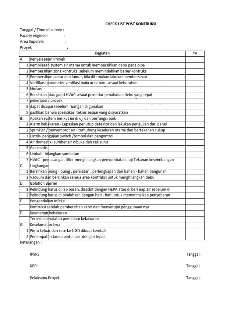Form 11. Ceklist Pasca Kontruksi Model 2 | PDF