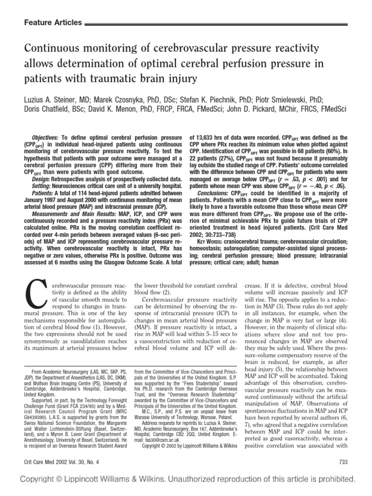 Continuous Monitoring of Cerebrovascular Pressure Reactivity Allows ... Continuous Monitoring of Cerebrovascular Pressure Reactivity Allows ...