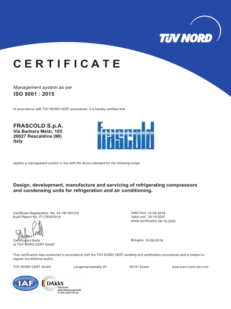 TÜV NORD ISO 9001 Certification for Frascold | PDF