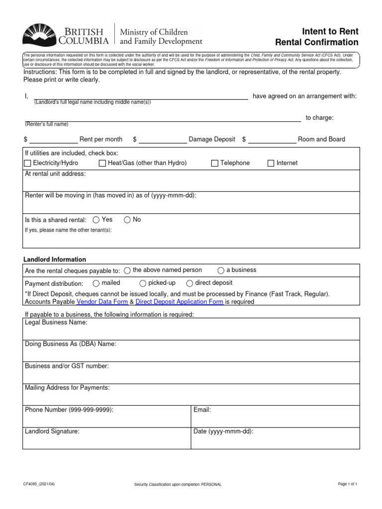 Intent to Rent Form for BC Landlords | PDF | Renting | Cheque