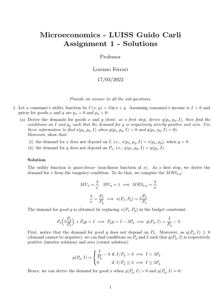 Microeconomics Assignment Solutions | PDF | Demand | Mathematical ...