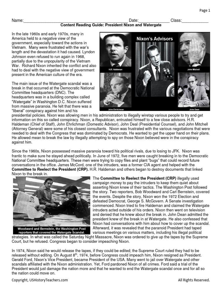 05 EXTRA Content Reading Guide President Nixon and Watergate | PDF ...