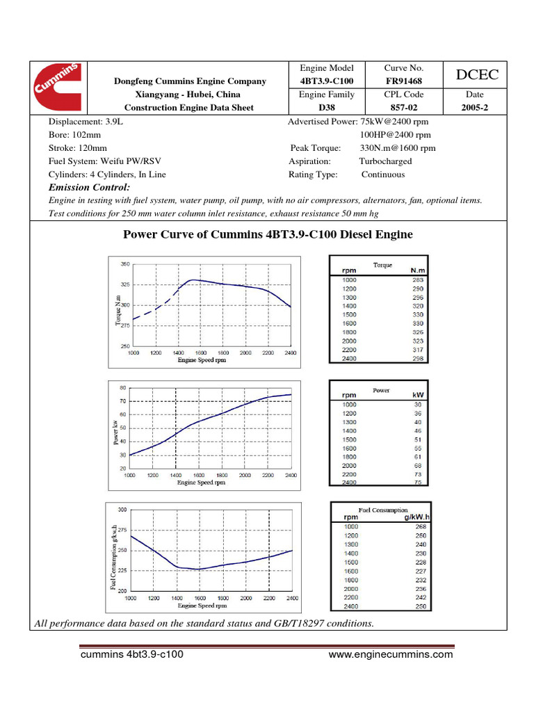 Cummins 4BT3.9-C100 Engine Specs | PDF | Engines | Turbocharger