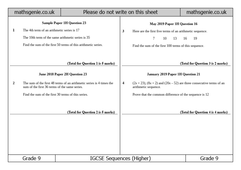 9 Igcse Sequences Higher Ws | PDF