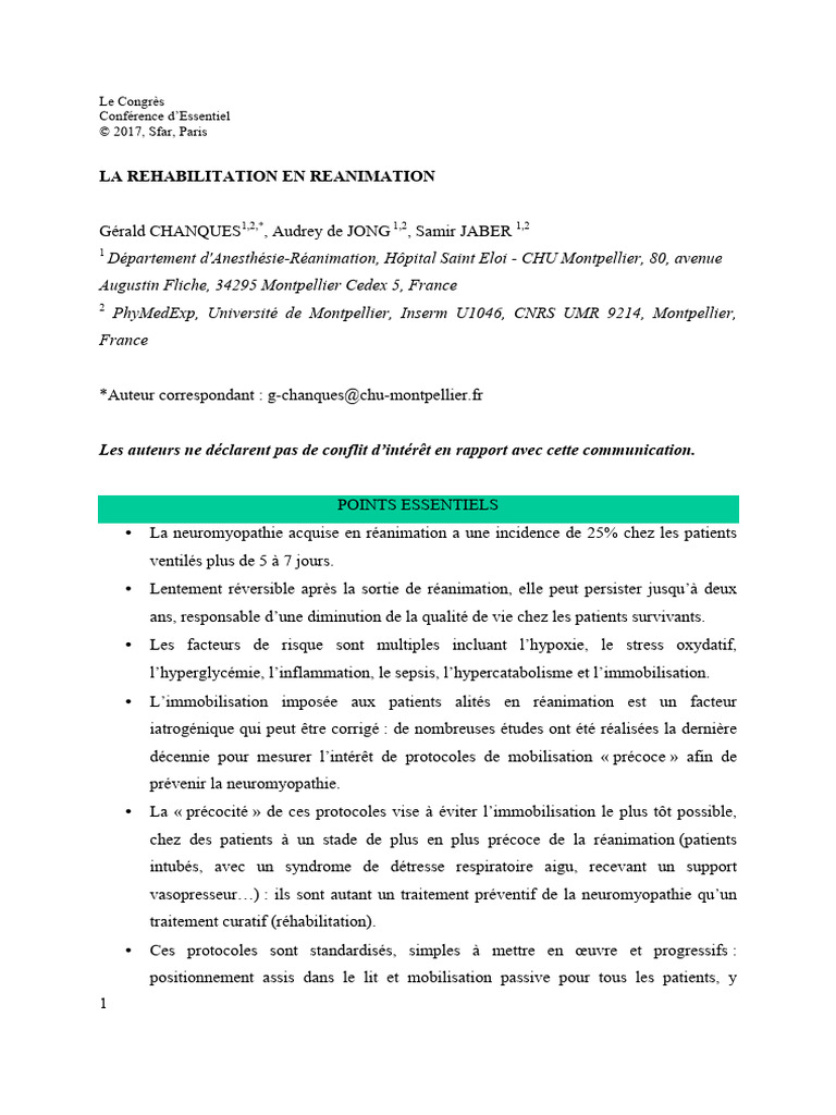 Chanques LA REHABILITATION EN REANIMATION | PDF