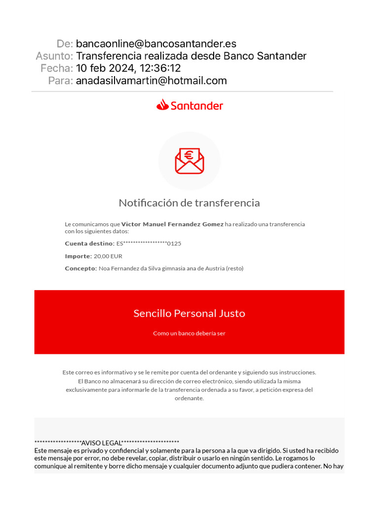 Transferencia Realizada Desde Banco Santander | PDF | La seguridad ...