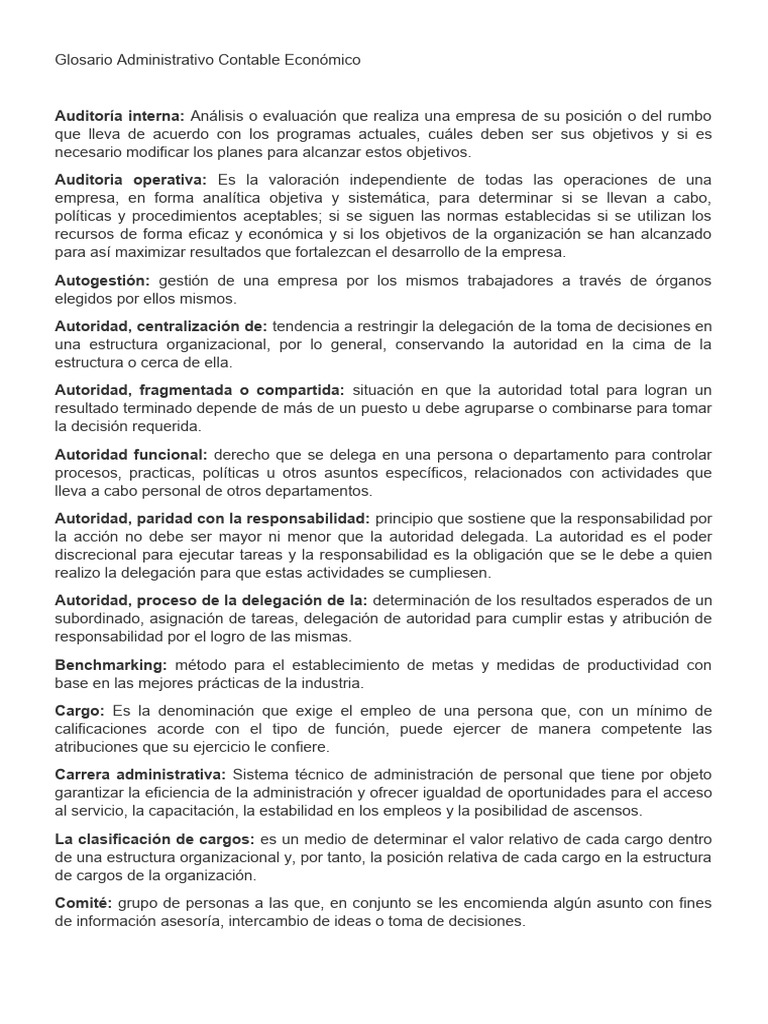 Glosario Administrativo Contable Económico | PDF | Business | Toma de ...