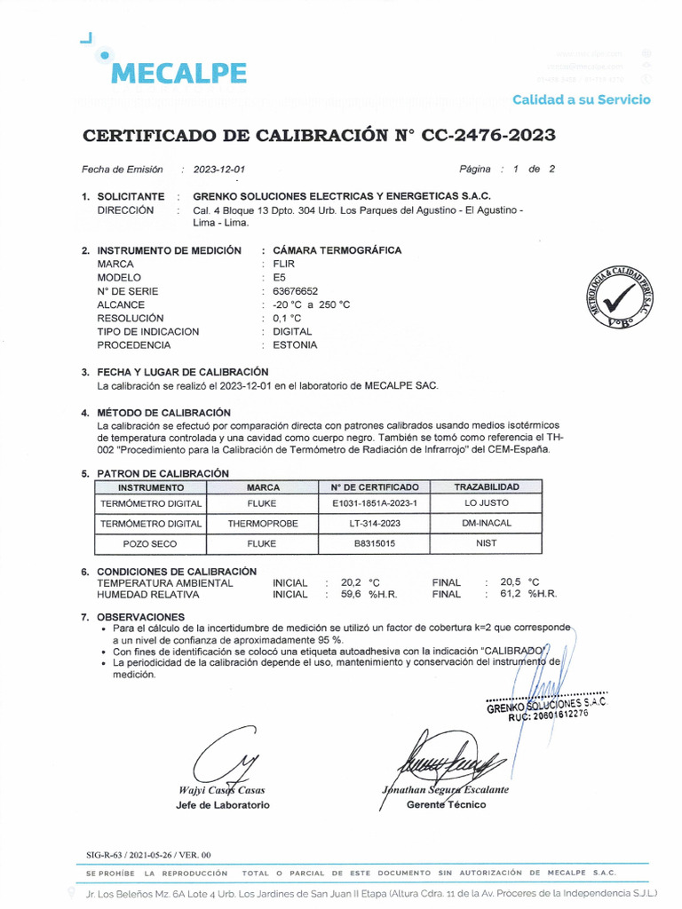 Certificado de Calibración - Camara Termografica - Serie - 63676652 ...