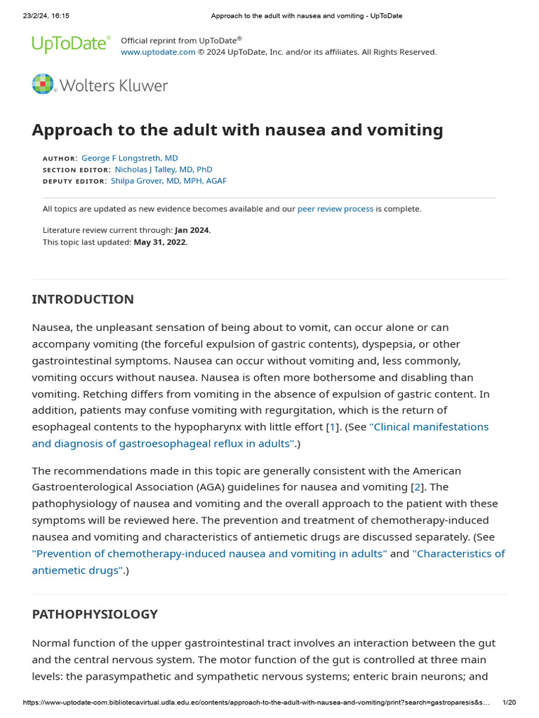 Approach To The Adult With Nausea and Vomiting - UpToDate | PDF | Nausea | Vomiting