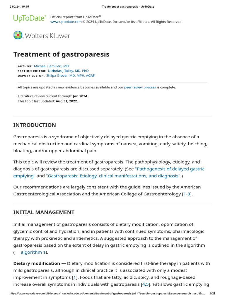 Treatment of Gastroparesis - UpToDate | PDF | Nausea | Medical Specialties