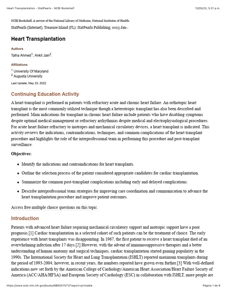 Heart Transplantation - StatPearls - NCBI Bookshelf | PDF