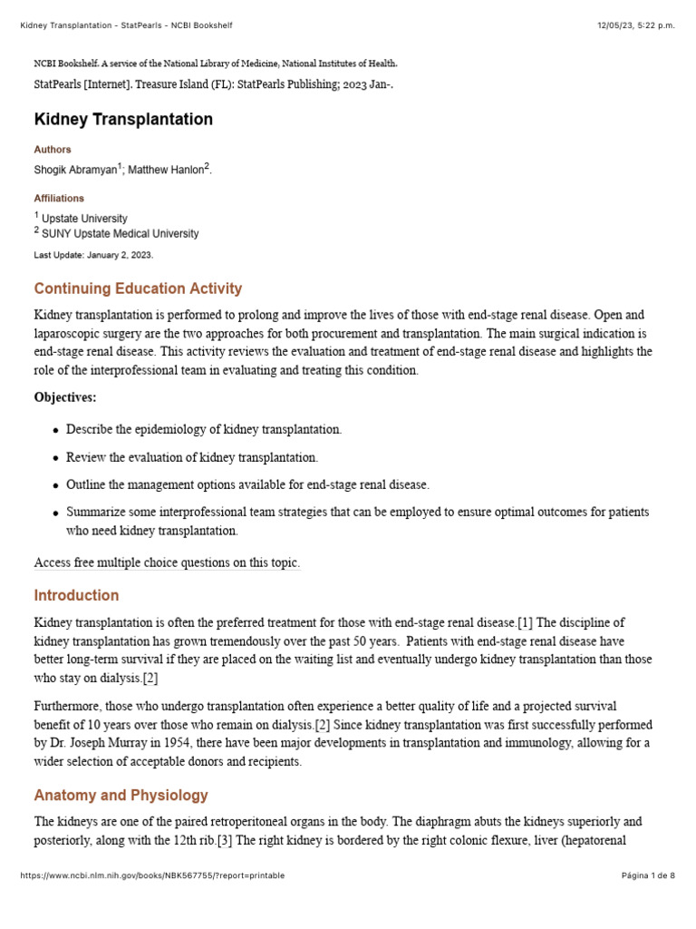 Kidney Transplantation Overview and Guidelines | PDF | Kidney ...