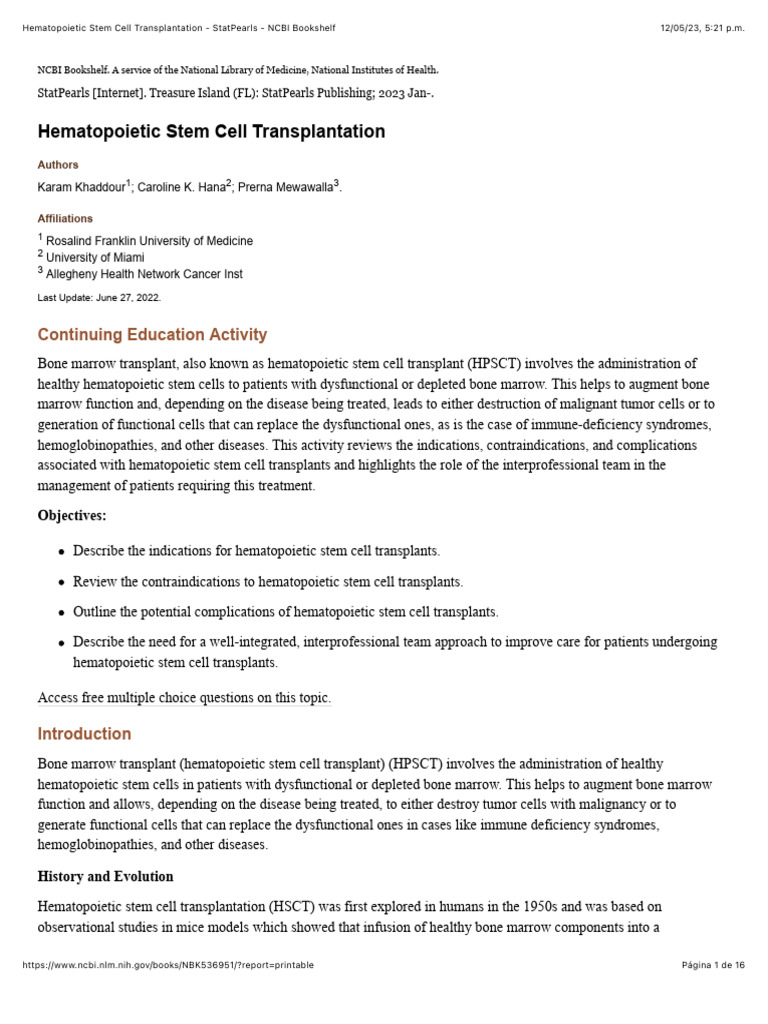 Hematopoietic Stem Cell Transplantation - StatPearls - NCBI Bookshelf ...