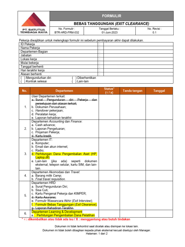 Formulir Exit Clearance Pekerja | PDF