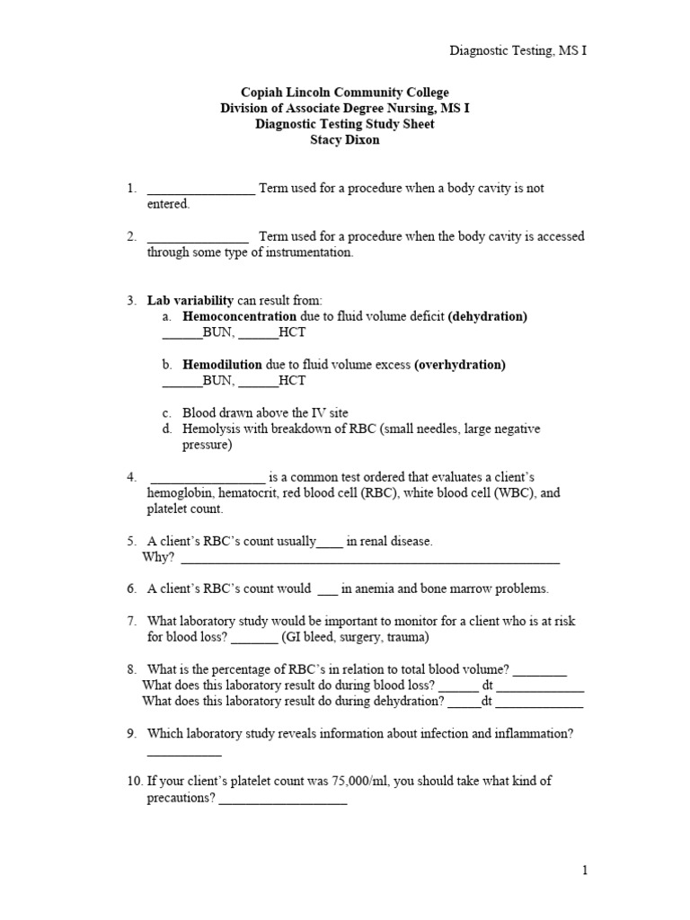 Diagnostic Study Sheet | Download Free PDF | Tissue (Biology) | Medical ...