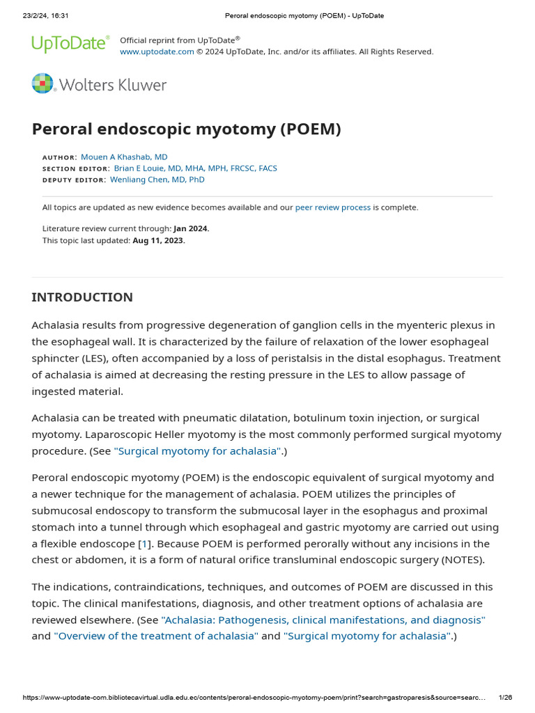 Peroral Endoscopic Myotomy (POEM) - UpToDate | PDF | Self-Improvement ...