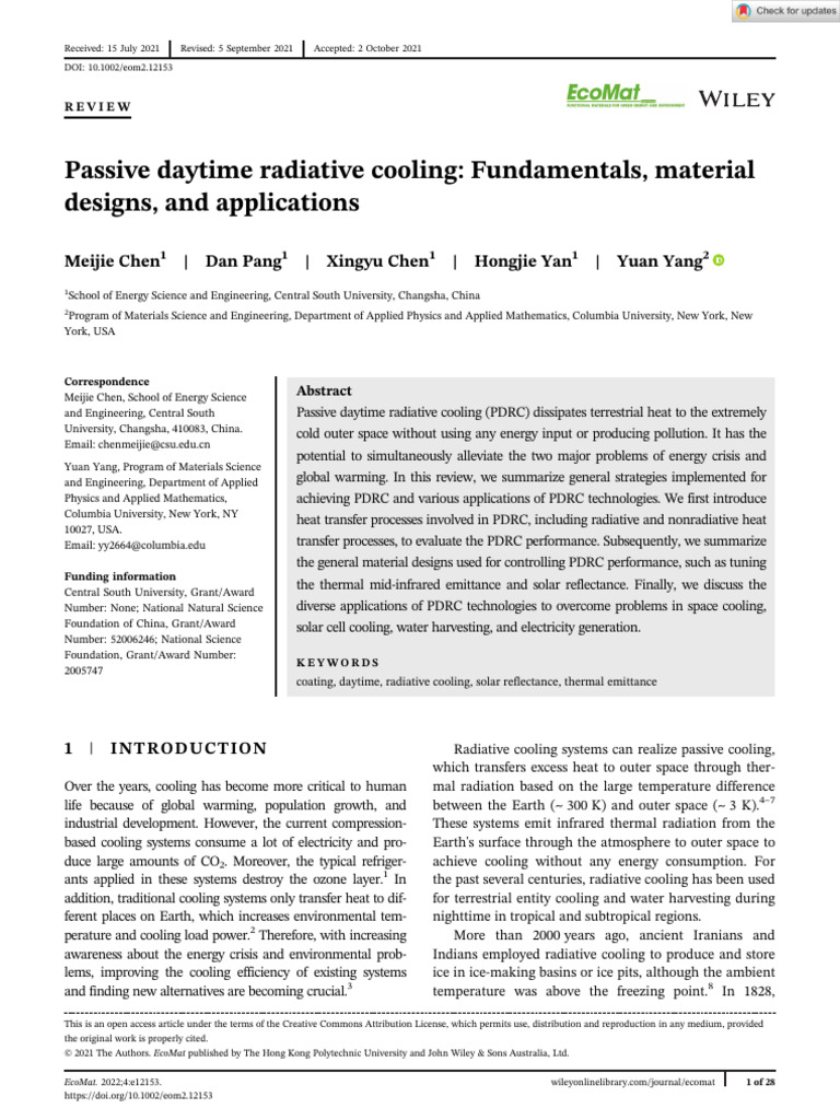 EcoMat - 2021 - Chen - Passive Daytime Radiative Cooling Fundamentals Material Designs and ...