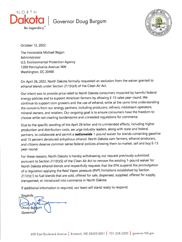 Burgum Letter To Regan October 2022 | PDF