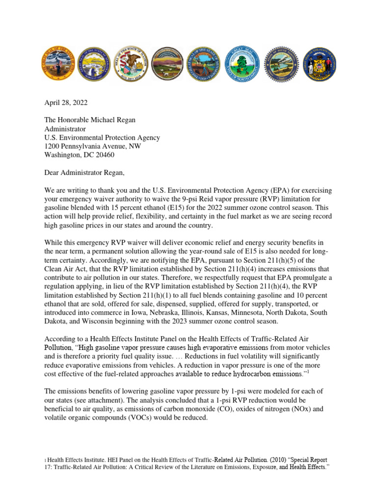 FINAL Governors Letter To EPA On RVP Waiver 4.28.22 | PDF | Air ...