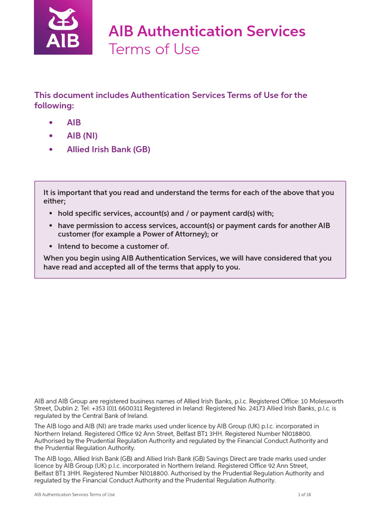 AIB Authentication Services Terms of Use | PDF | Legal Liability ...