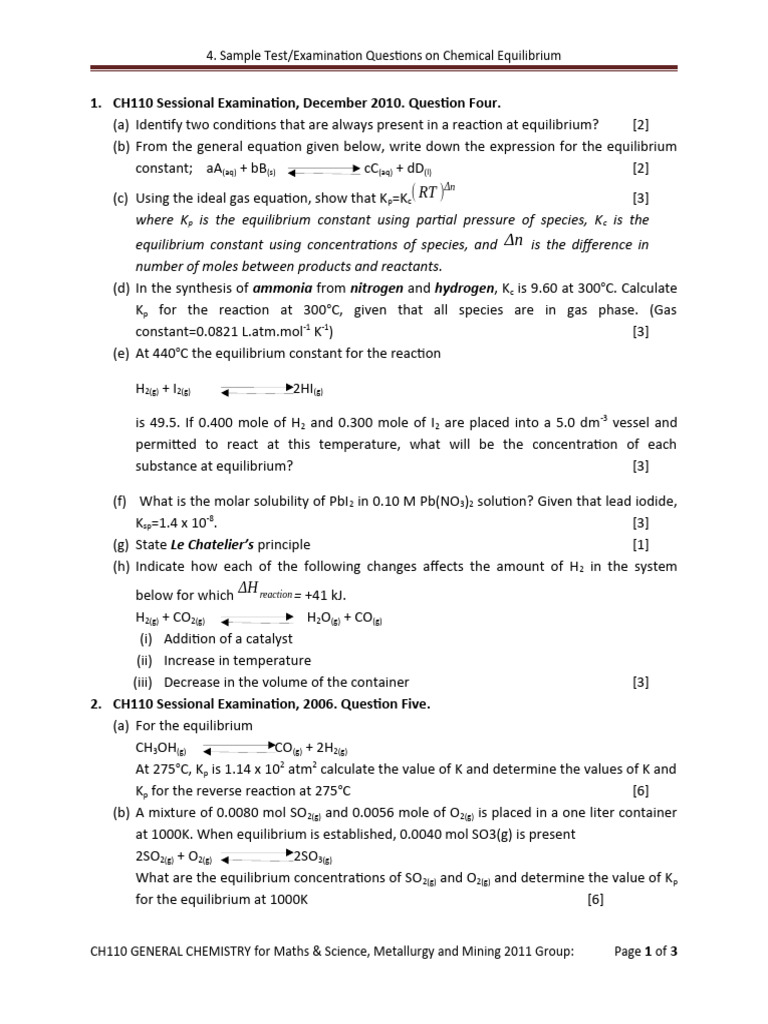 4 Chemical Equilibrium | PDF | Acid | Chemistry