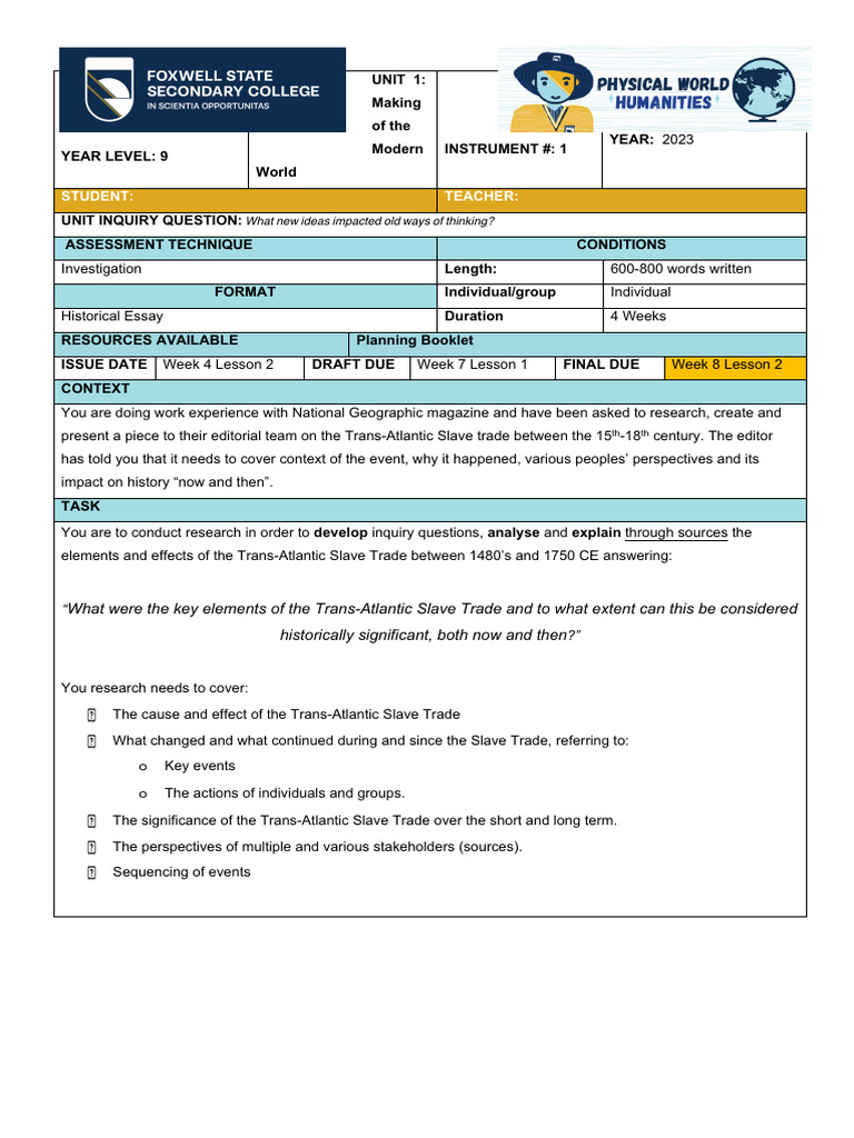 Year 9 History: Slave Trade Inquiry | PDF | Atlantic Slave Trade ...
