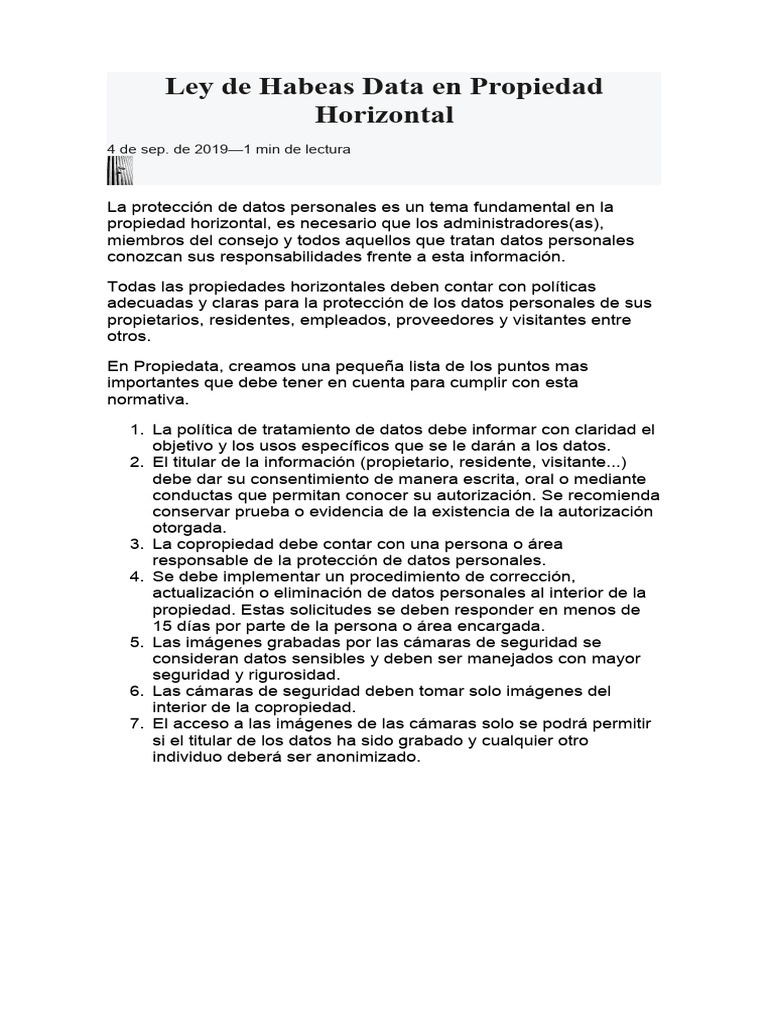 Ley de Habeas Data en Propiedad Horizontal | PDF