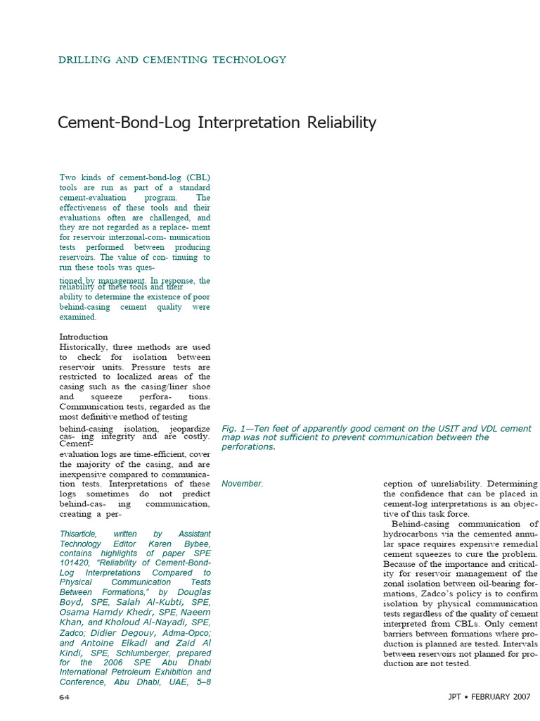 Vdocument - in - Cement Bond Log Interpretation Reliabilityjpt 2007 | PDF | Reliability ...