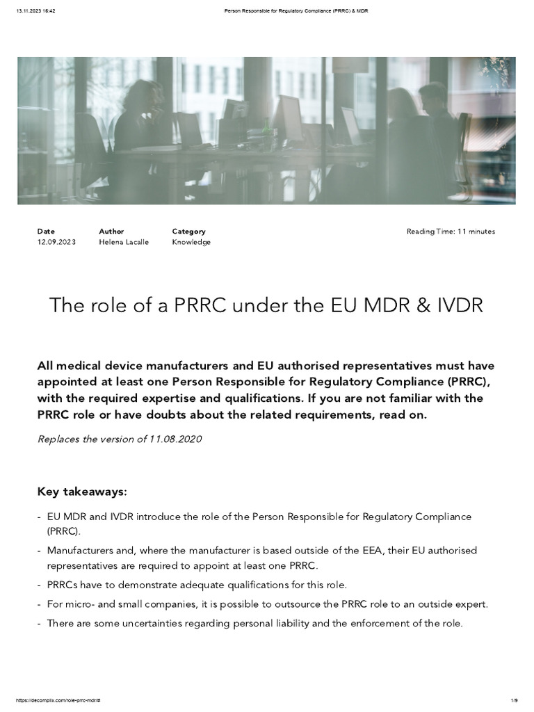 Person Responsible For Regulatory Compliance (PRRC) & MDR | PDF | Medical Device | Business