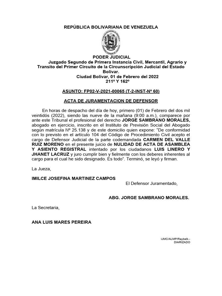 Acta de Juramentacion de Defensor v-21-65 | PDF