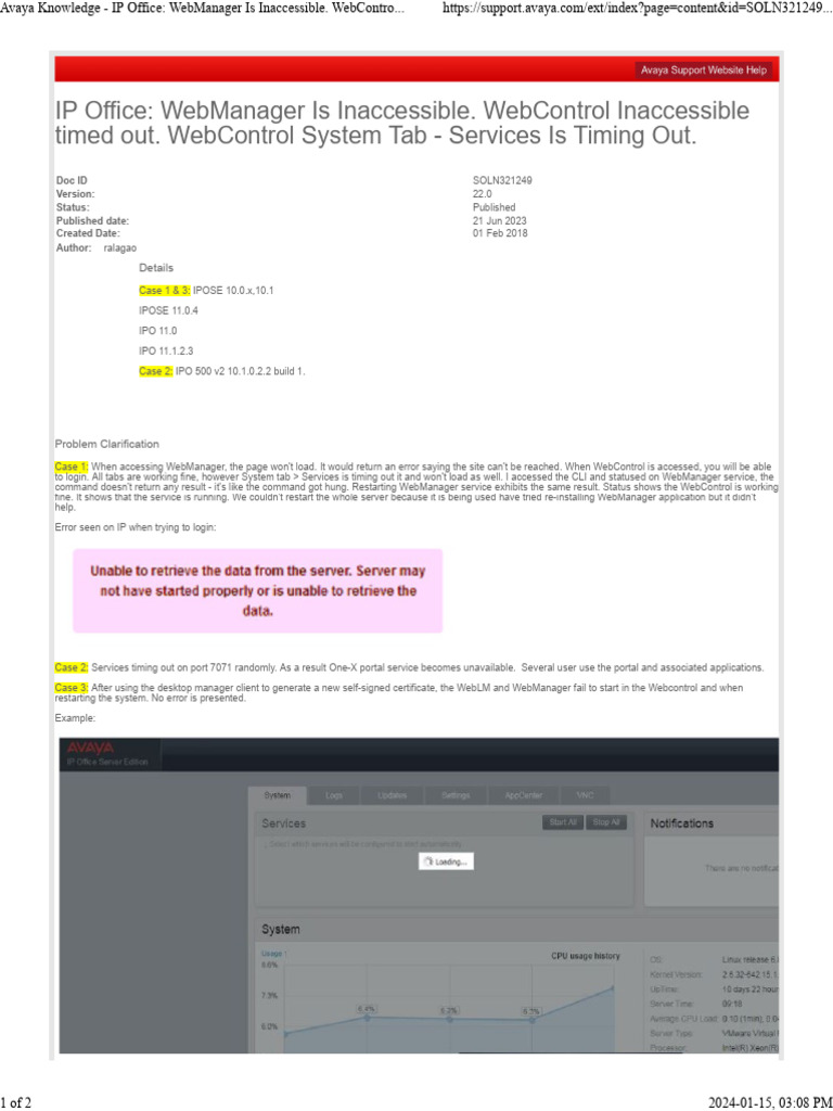 WebManager Is Inaccessible. WebControl Inaccessible Timed Out. WebControl System Tab - Services ...