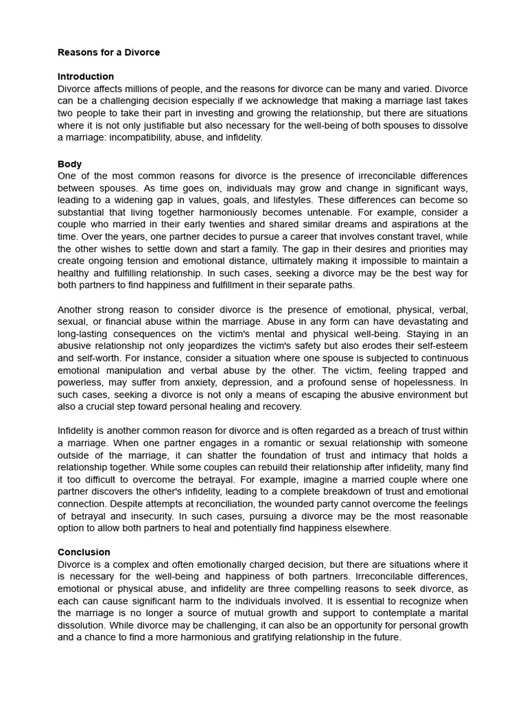 Reasons For A Divorce Essay | PDF | Divorce | Infidelity