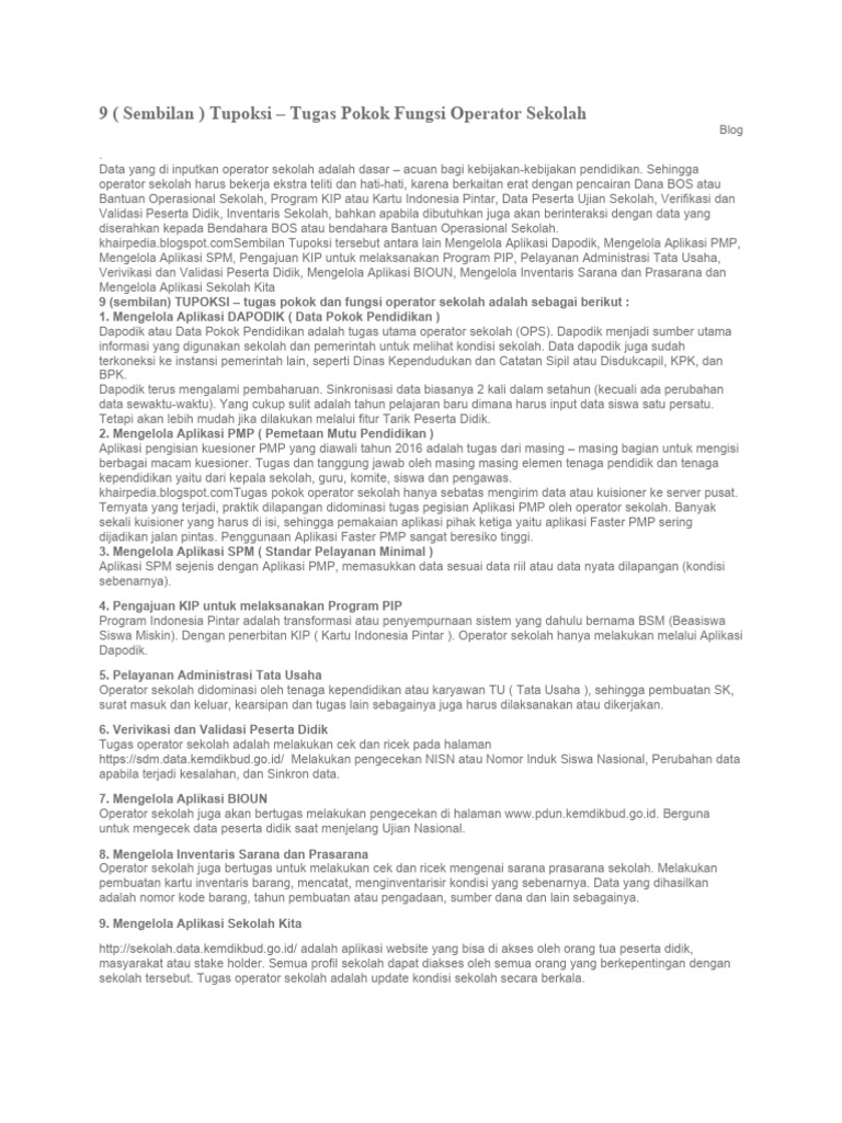 Tugas Pokok Operator Sekolah Dapodik | PDF
