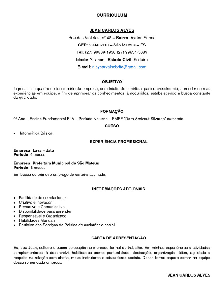 Curriculum Jean Carlos Alves | PDF