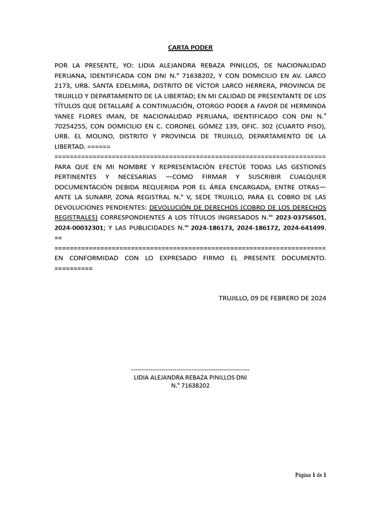 Carta Poder - Alejandra Rebaza - Devolución de Derechos Ante La Sunarp | PDF | Viajes y turismo ...