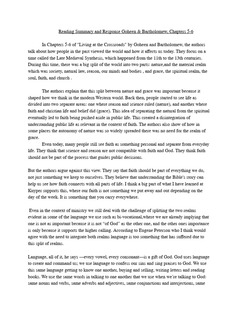 Reading Summary and Response Goheen & Bartholomew, Chapters 5-6 | PDF