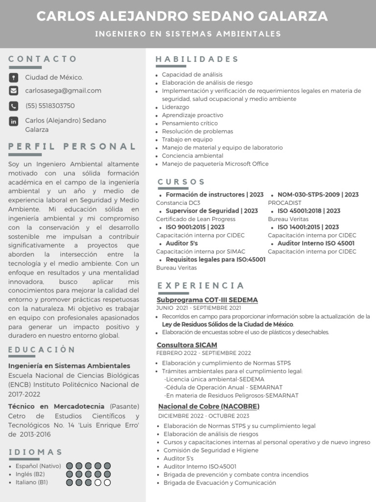 CV Carlos Sedano 2024 | PDF | Entorno natural | Ingeniería Ambiental