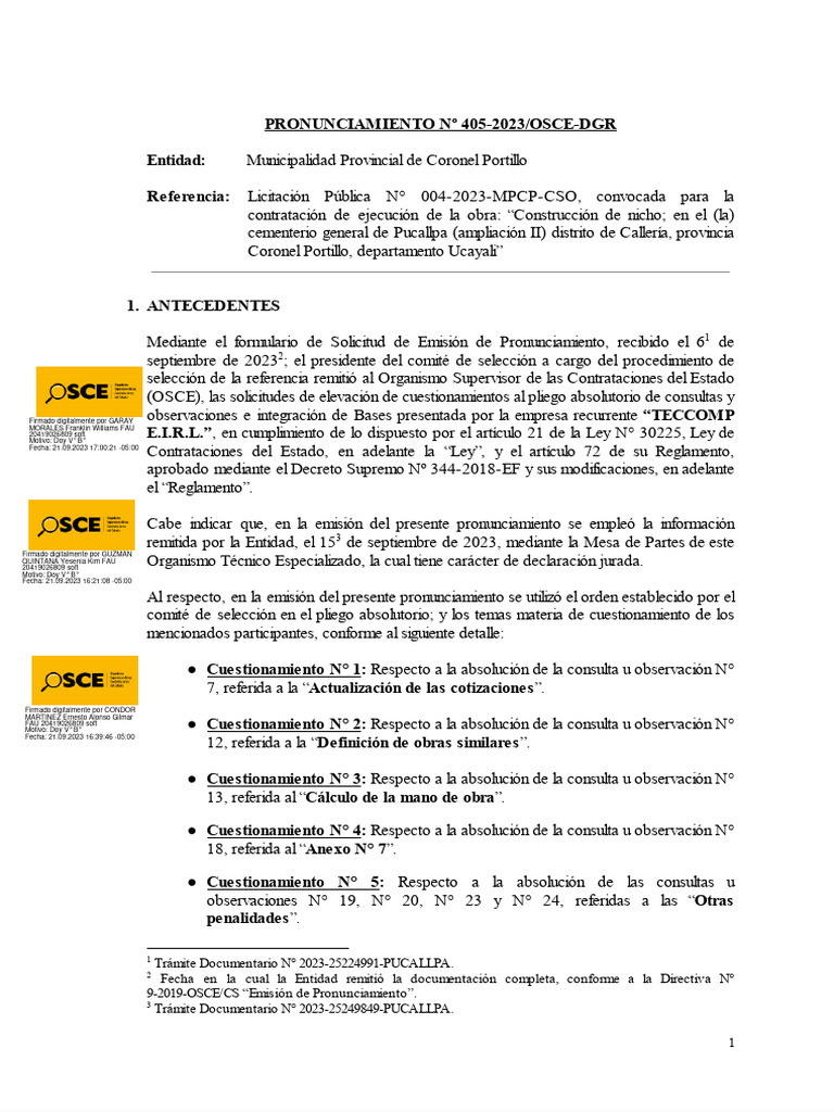 Pronunciamiento #405-2023-OSCE-DGR | PDF