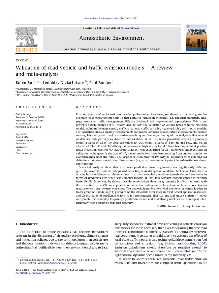 Validation of Road Vehicle and Traffic Emission Models - A Review and Meta-Analysis | PDF